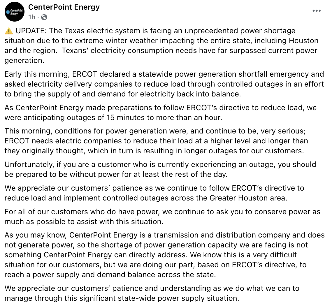 Winter Storm 2021 Updates - Southern Federal Power