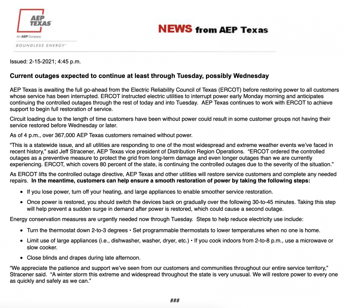 Winter Storm 2021 Updates - Southern Federal Power