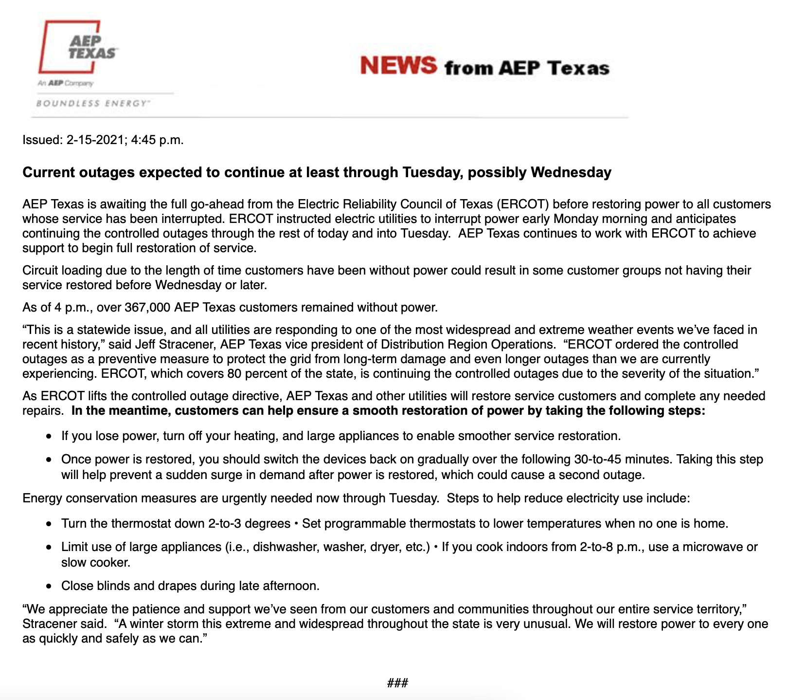 Winter Storm 2021 Updates - Southern Federal Power